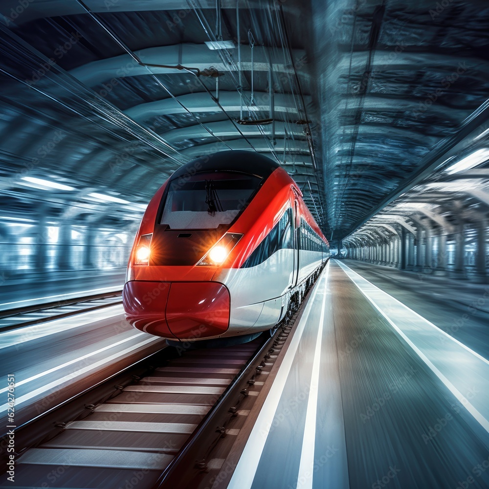 High speed train in motion on the railway station at sunset. Fast ...