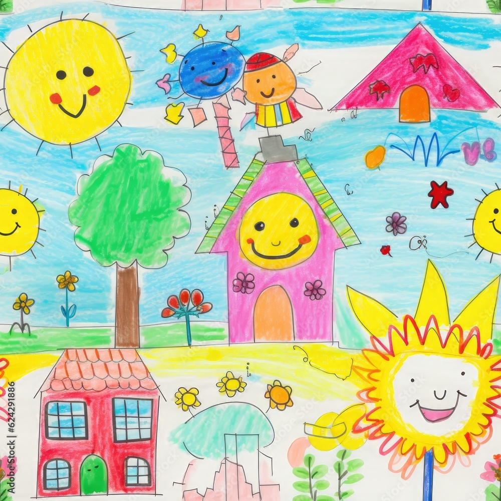 Children's drawing, Geometric tile texture, Seamless, Repeating pattern ...