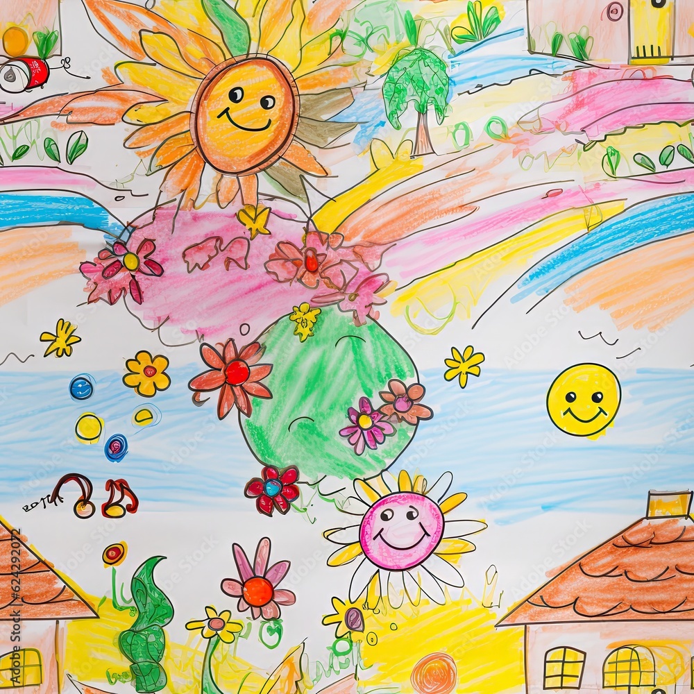 Child's drawing, Geometric tile texture, Seamless, Repeating pattern, Endless background. Happy ...