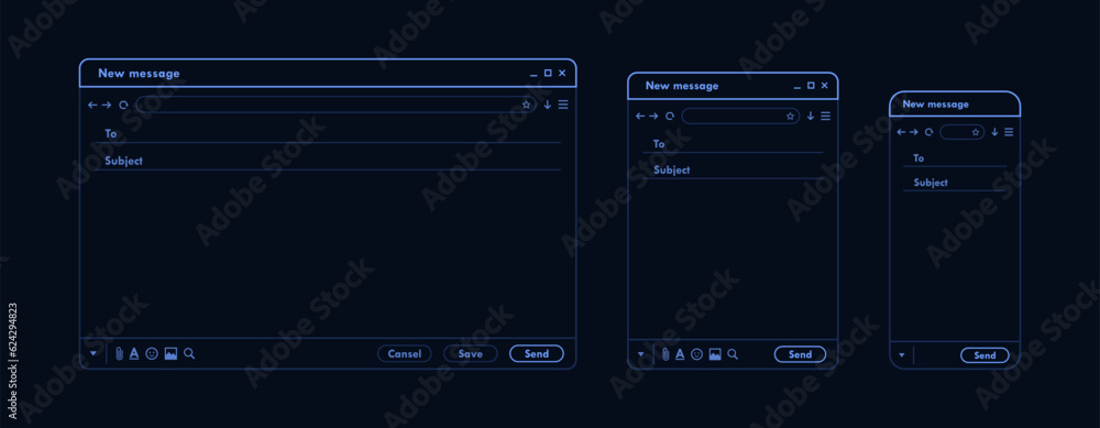 Dark mode email interface. Outline mail window template for mobile ...