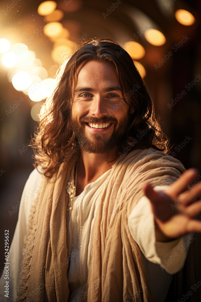 Jesus Christ smiling and reaching out defeating the enemy and calling the sinner to repentance ...