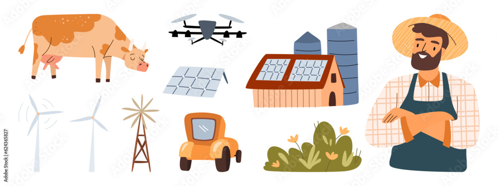 Smart farm, modern agricultural technology icons set. Vector rural ...