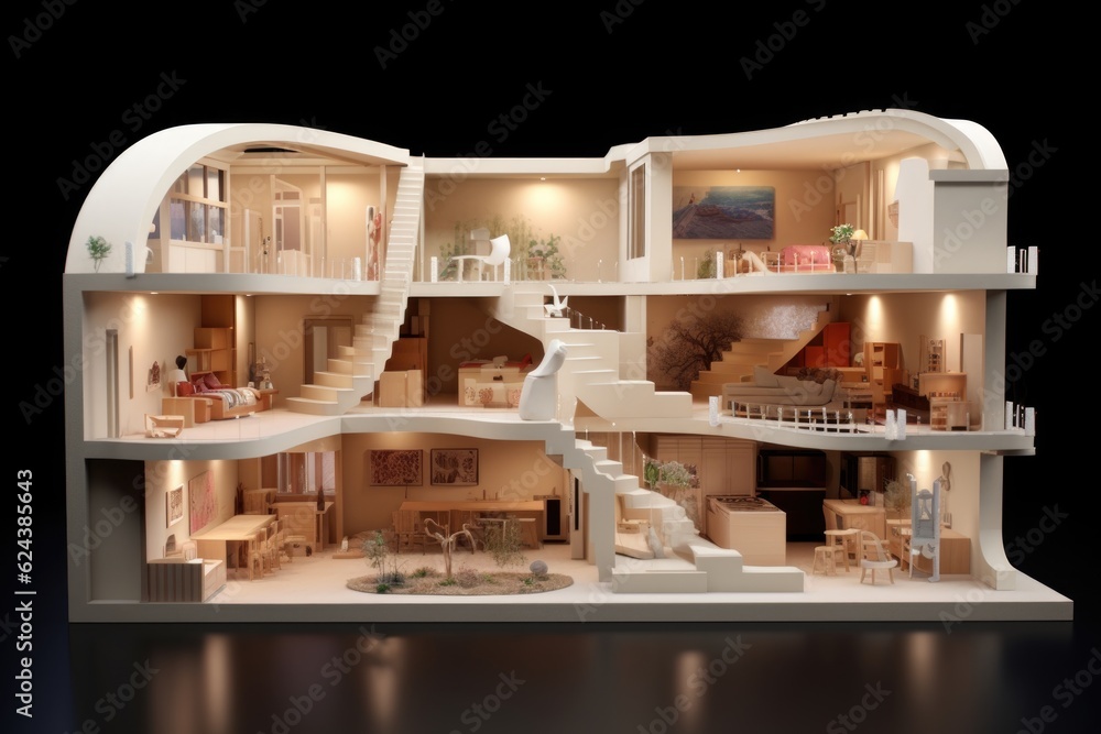 cross-section of 3d printed home revealing interior layout, created ...