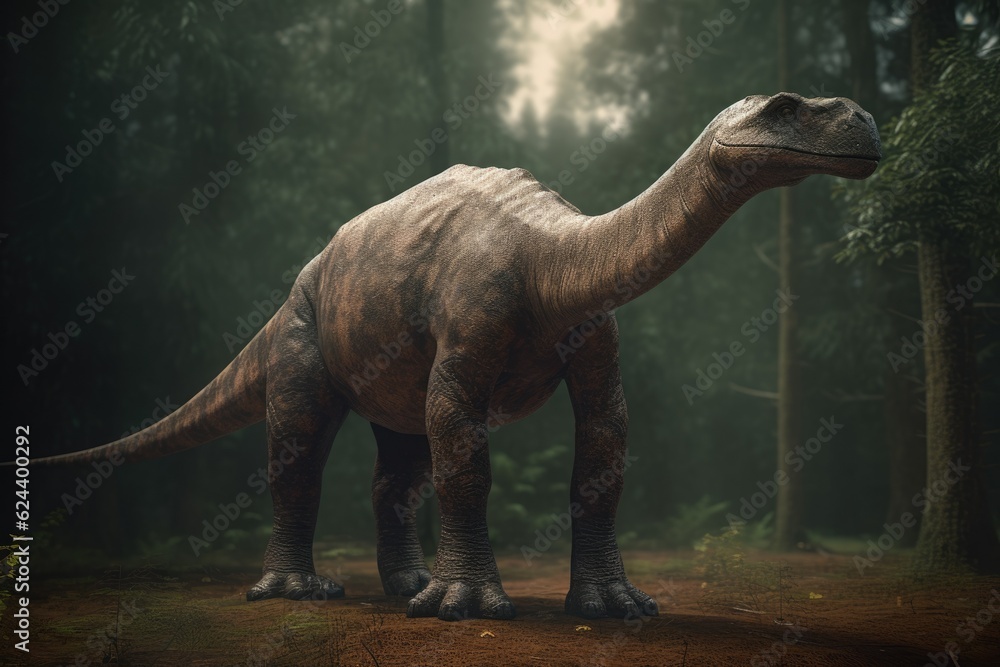 Full body view of Apatosaurus against a prehistoric forest. Dinosaur ...