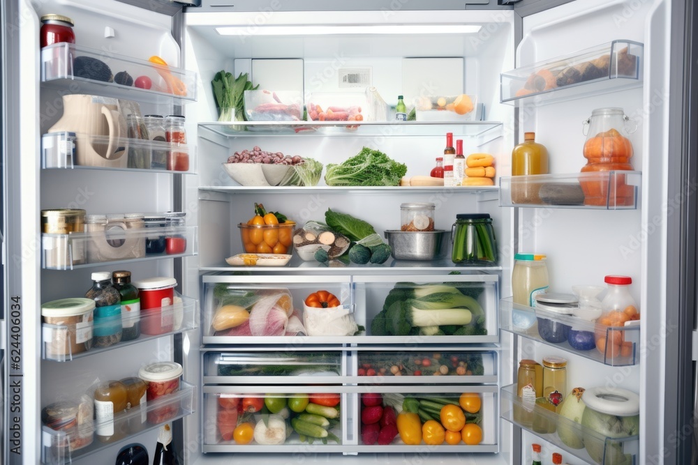 walk-in refrigerator or freezer filled with various food items ...