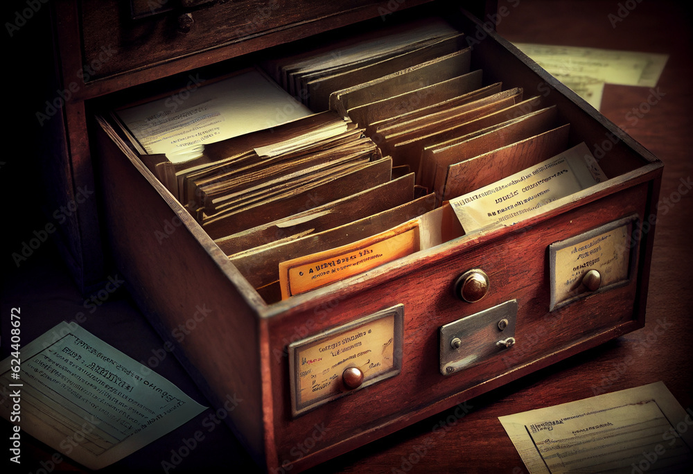 File cabinet. Box with old paper cards, archive, inventory concept ...