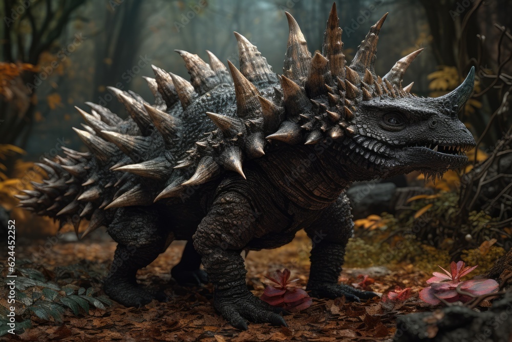 Full body view of Stegosaurus against a prehistoric forest. Dinosaur ...