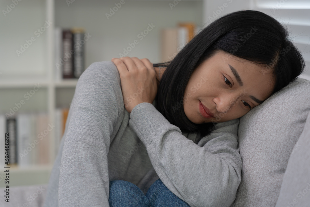 Foto de Stock Depression and mental illness. Asian woman disappointed ...