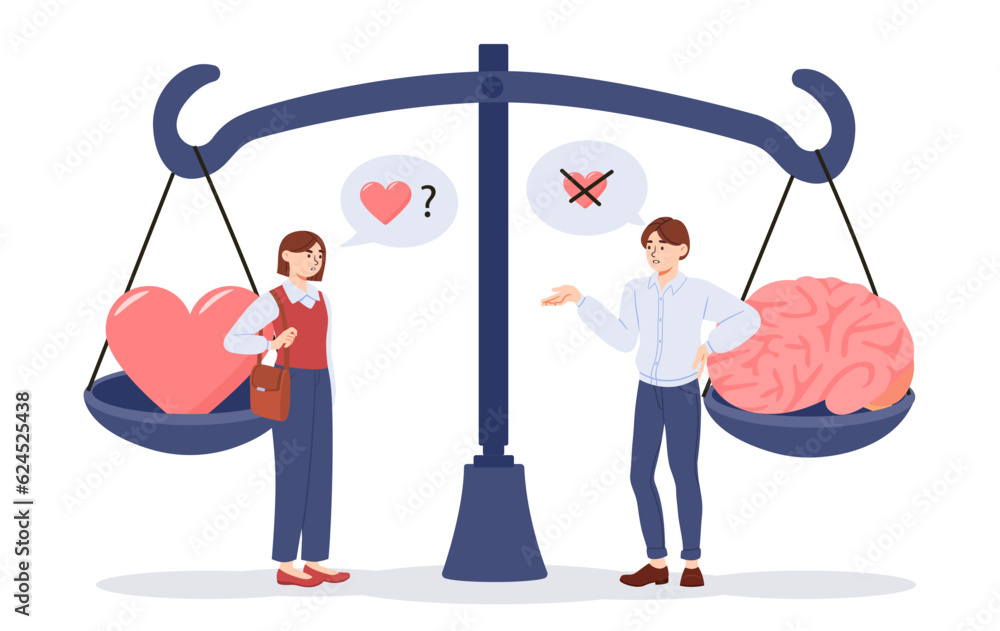 Brain vs emotions concept. Man with brain and woman with heart ...