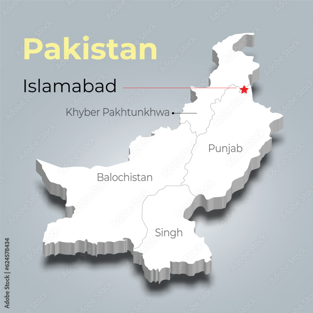 Pakistan 3d map with borders of regions and it’s capital Stock Vector ...