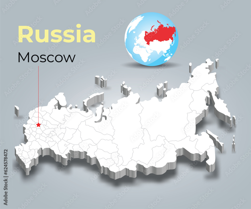 Russia 3d map with borders of regions Stock Vector | Adobe Stock