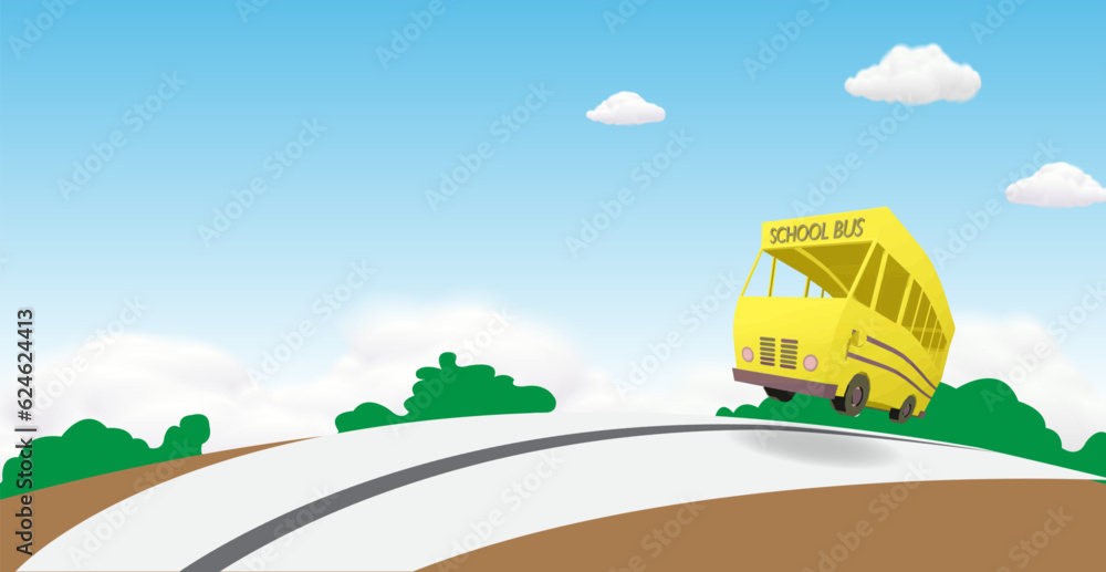 School bus cartoon style driving on the road with beautiful sky ...