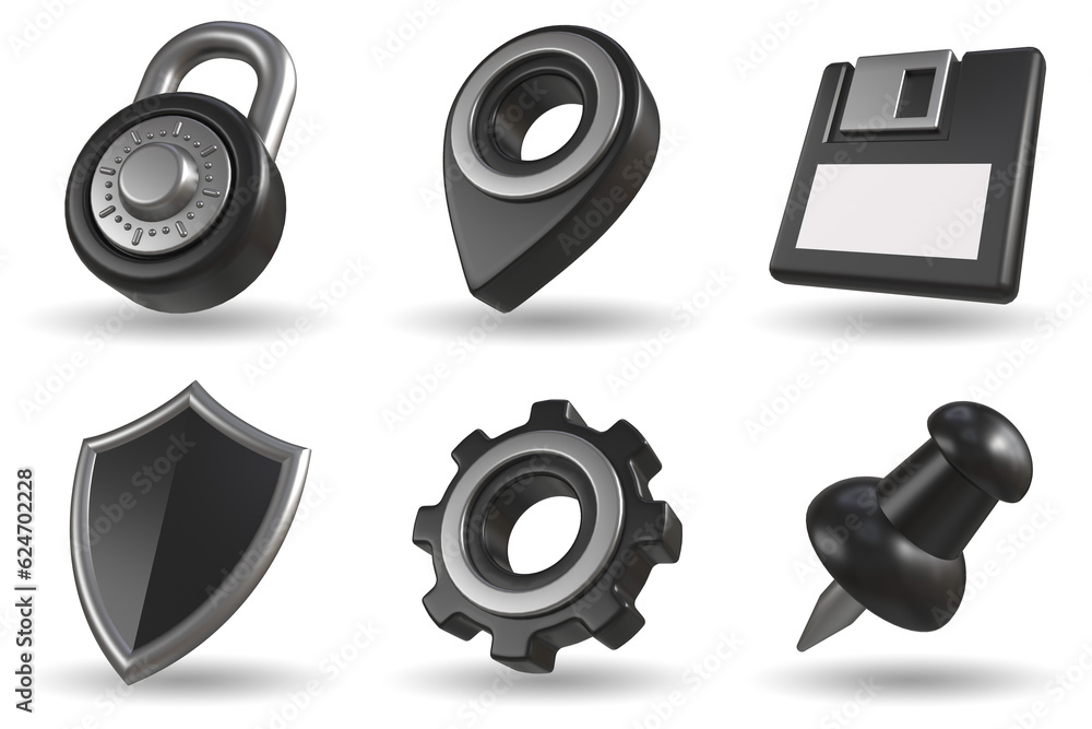 A set of universal 3d icons for your business. Gear wheel, padlock, pin ...