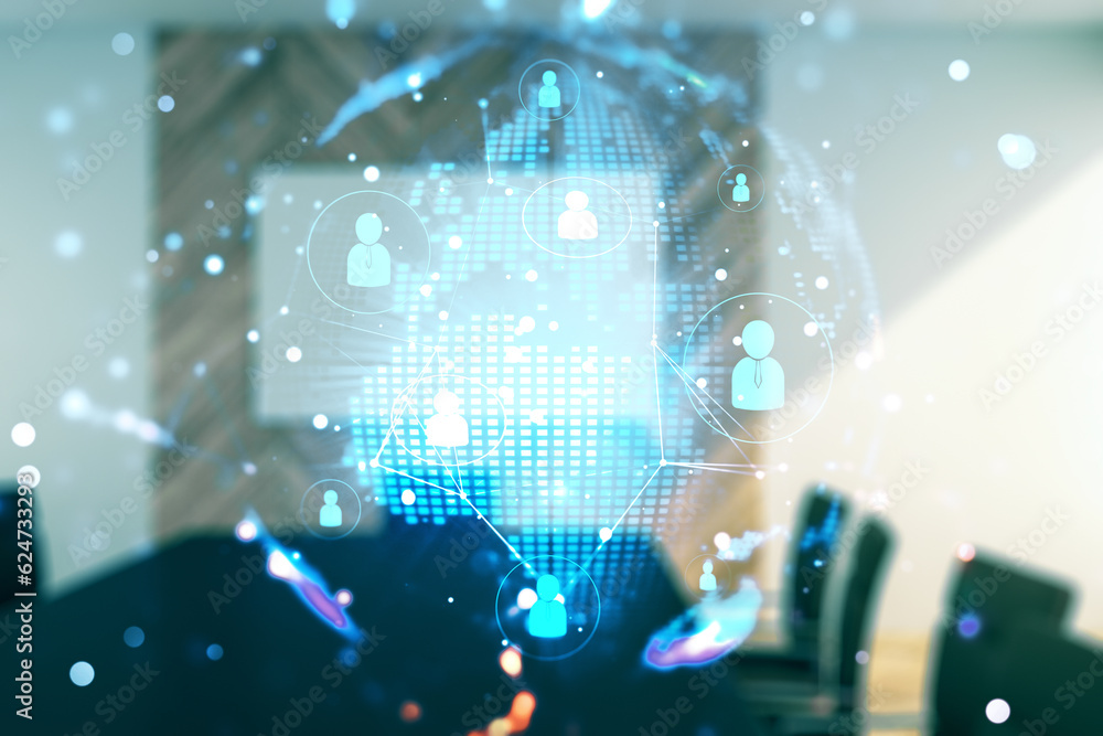 Virtual social network hologram and world map on a modern conference ...