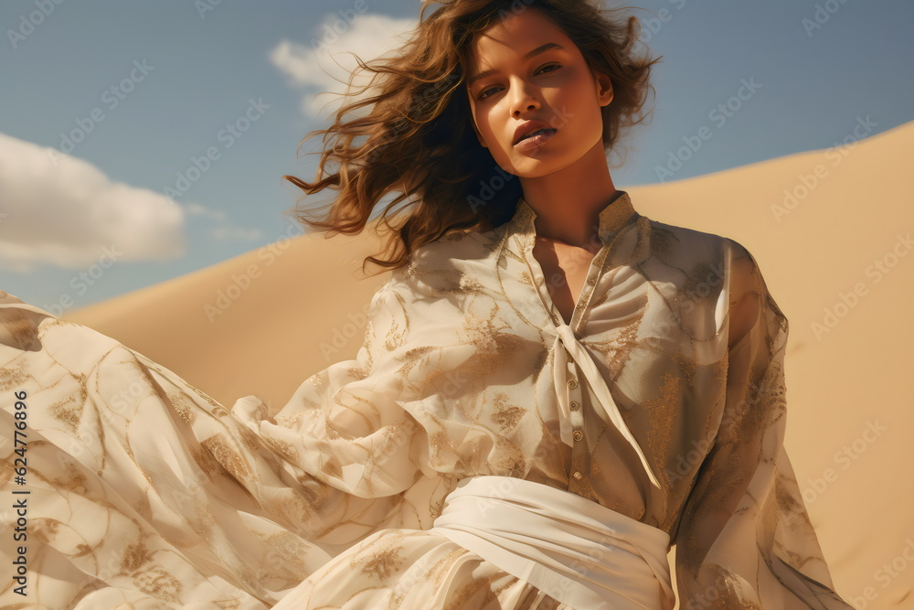 fashion model wearing flowing boho dress in editorial in desert dunes ...