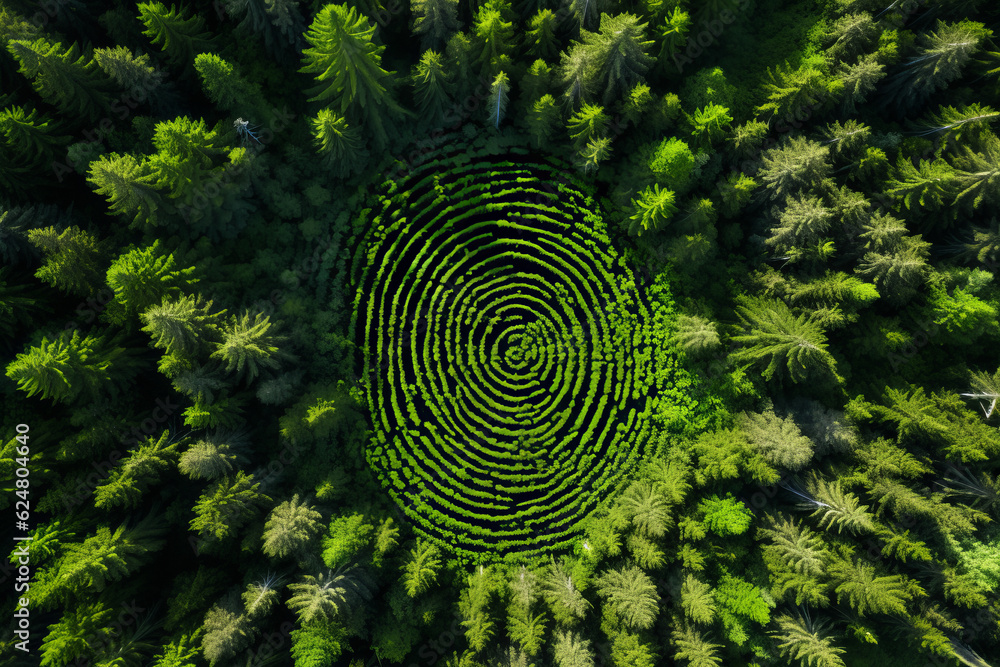 Aerial top down view of a green forest with human fingerprint in the ...