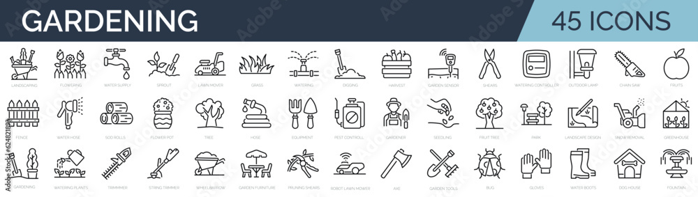 Set of 45 outline icons related to gardening, landscaping, farming ...