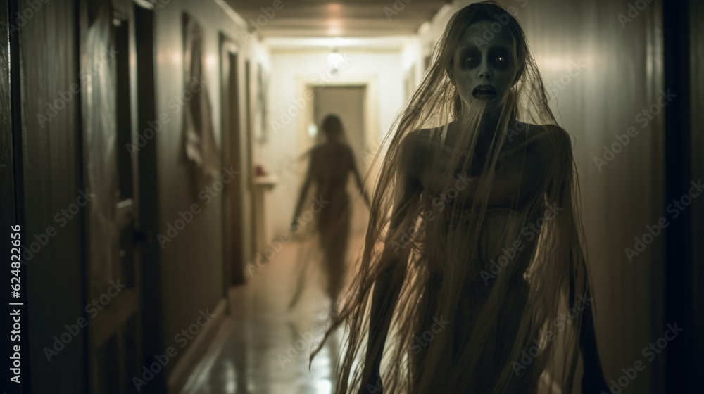 Paranormal female entity with ghastly face haunting the halls of an old ...