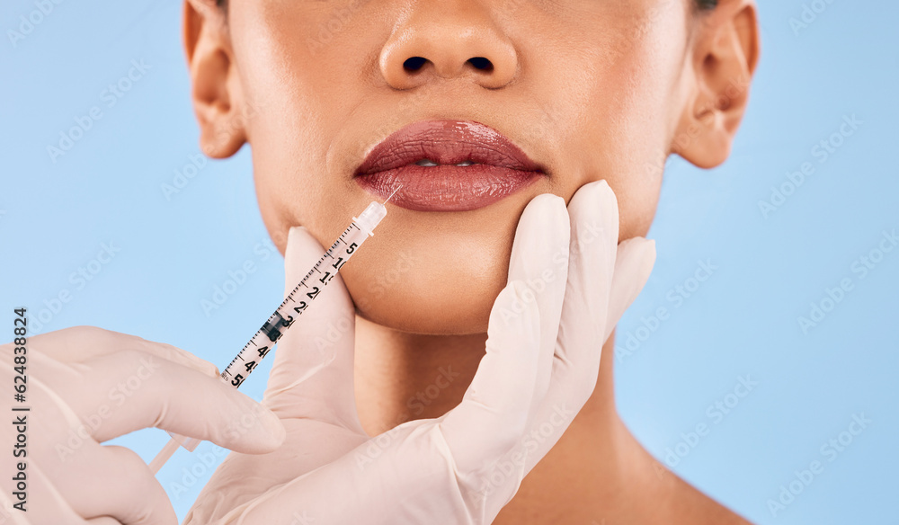 Lip filler, injection and beauty, woman and cosmetic surgery closeup and dermatology on blue ...