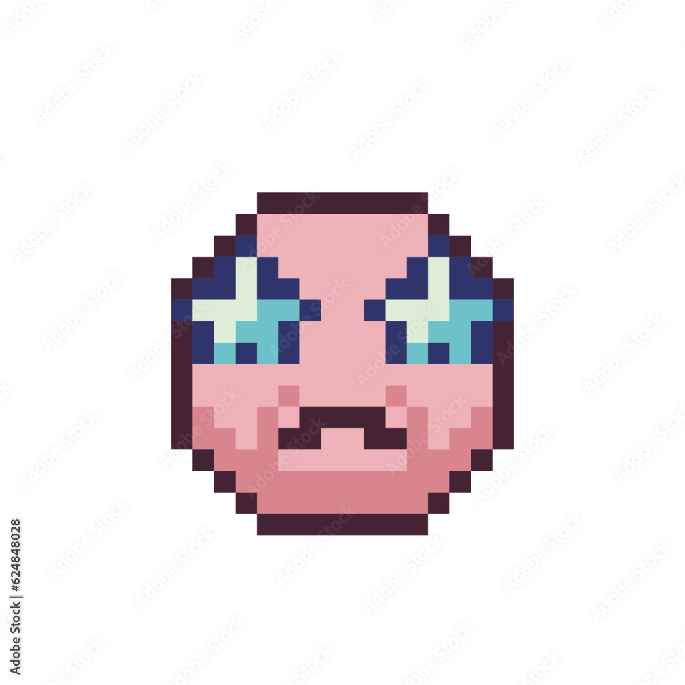 Emoticon with star eyes icon, smile face cartoon character. Pixel art ...