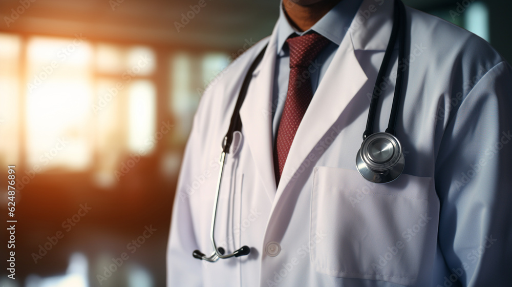 Medical doctor, cross arm, close - up on chest area, stethoscope ...
