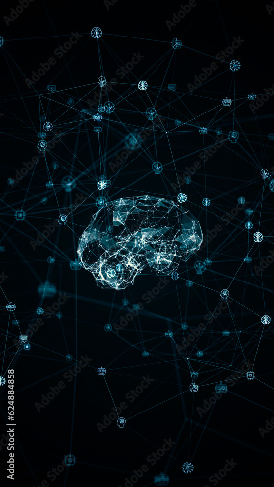Blue polygon brain logo and digital ai assistant icons linked on grid ...