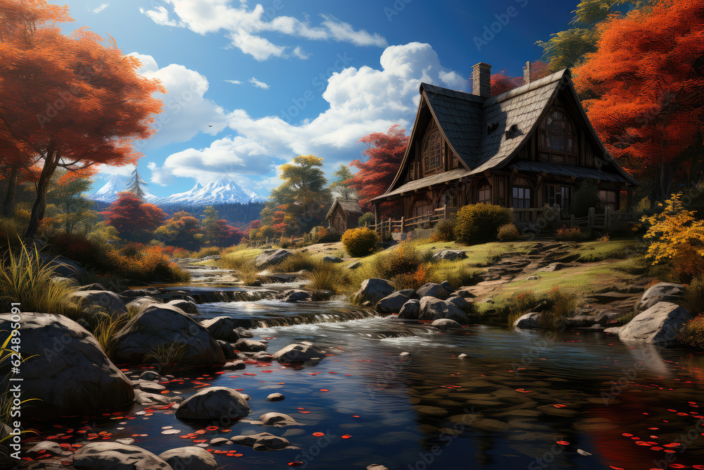 log cabin in maple forest by river, anime style look, background ...