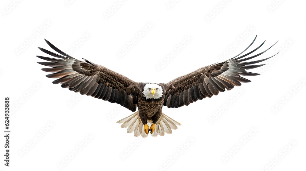 a Bald Eagle (Haliaeetus leucocephalus) in flight, full body frontal view in a Wildlife-themed ...