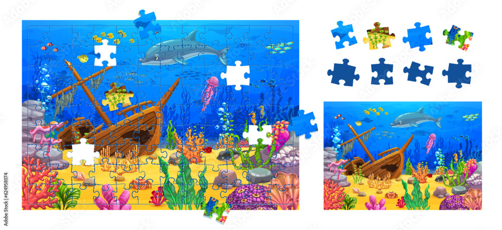 Jigsaw puzzle underwater landscape pieces. Cartoon sea dolphin and fish ...