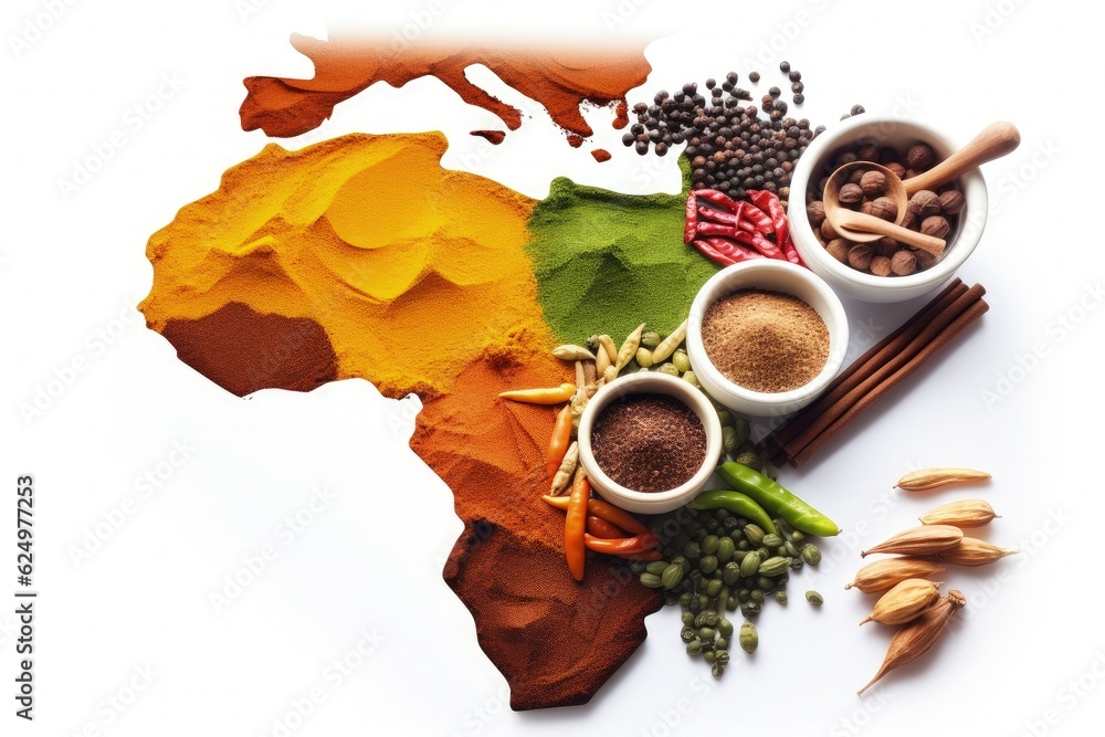 Africa map illustration with seasonings and spices, African cuisine ...