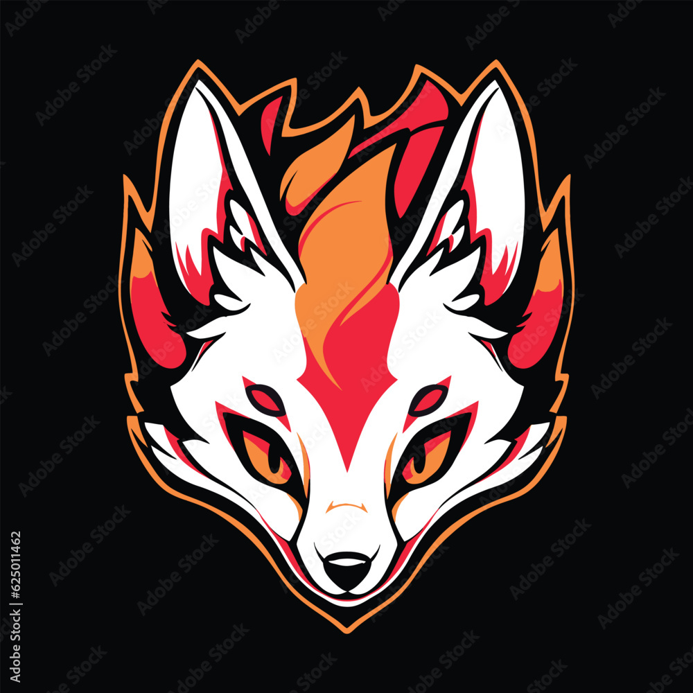 beautiful kitsune mask artwork with red an orange color. japanese mask ...
