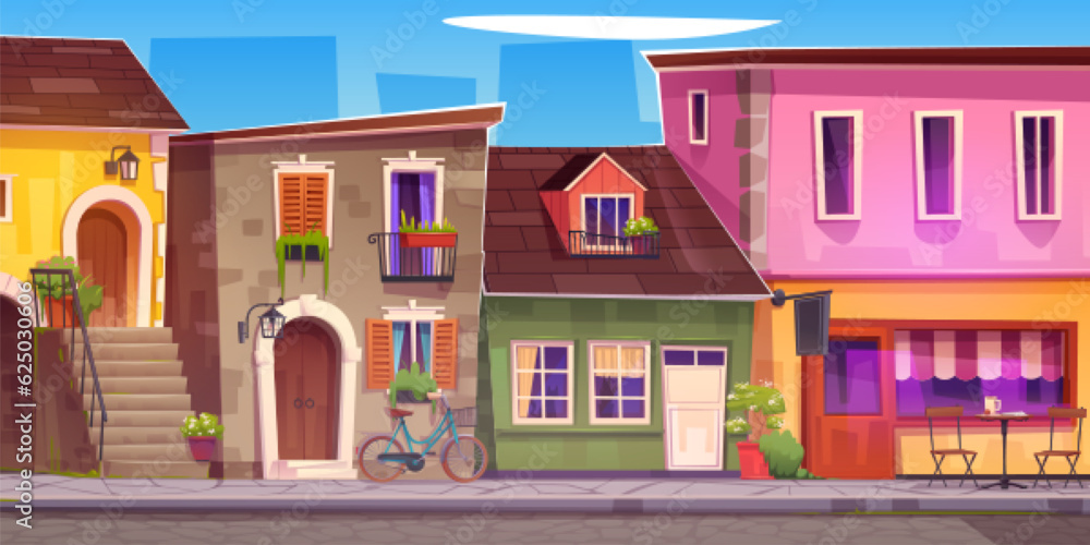Old Italian town street with cafe. Vector cartoon illustration of ...
