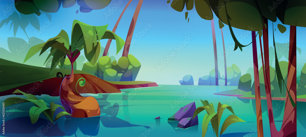 Cartoon forest river water scene vector background. Lake in jungle with ...