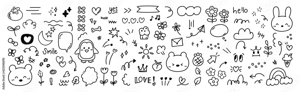 Set of cute pen line doodle element vector. Hand drawn doodle style ...