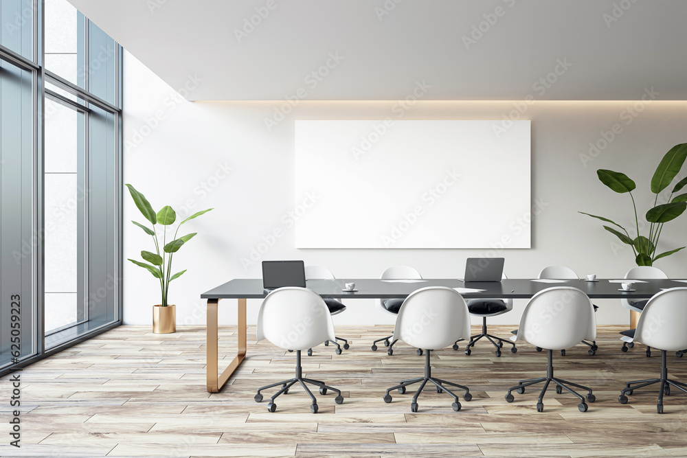 Front view of empty modern conference room with office table and chairs ...