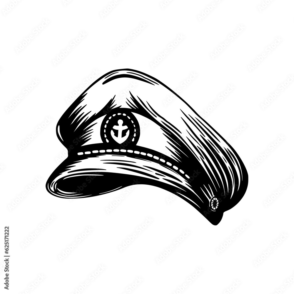 ship captain hat retro engraved hand drawn sketch. Vector illustration ...