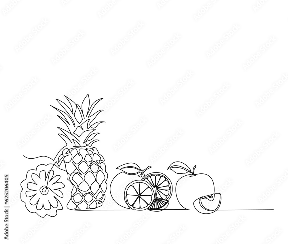 Pineapple, orange, and apple one line vector. Continuous one line ...