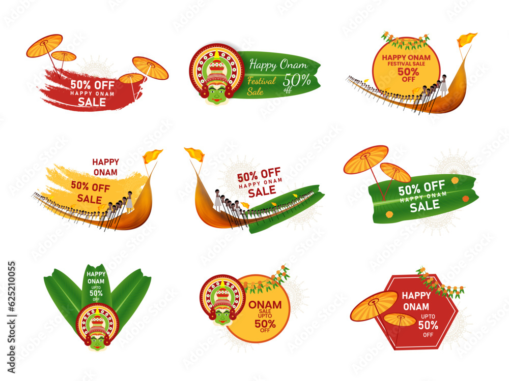 Happy Onam south Indian festival celebration badges, sticker, emblem ...