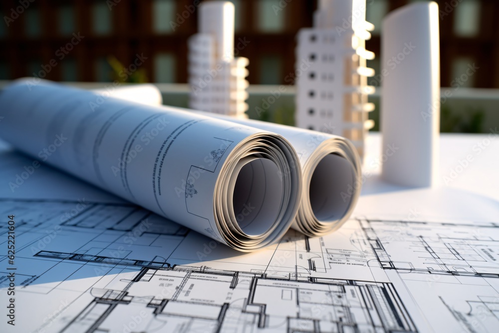 House model with blueprints on desk. Real estate development concept ...