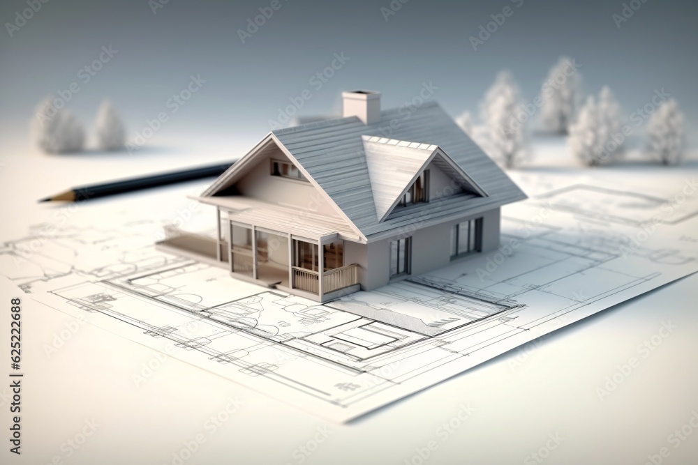 House model with blueprints on desk. Real estate development concept ...