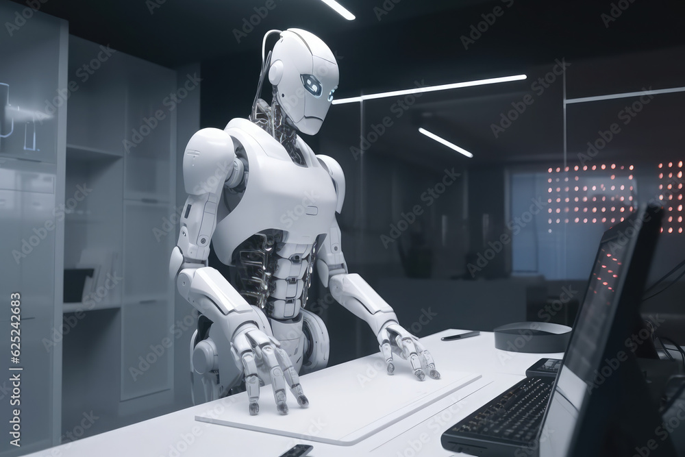 White Ai robot working and looking on monitor screen computer lab, high-tech artificial ...