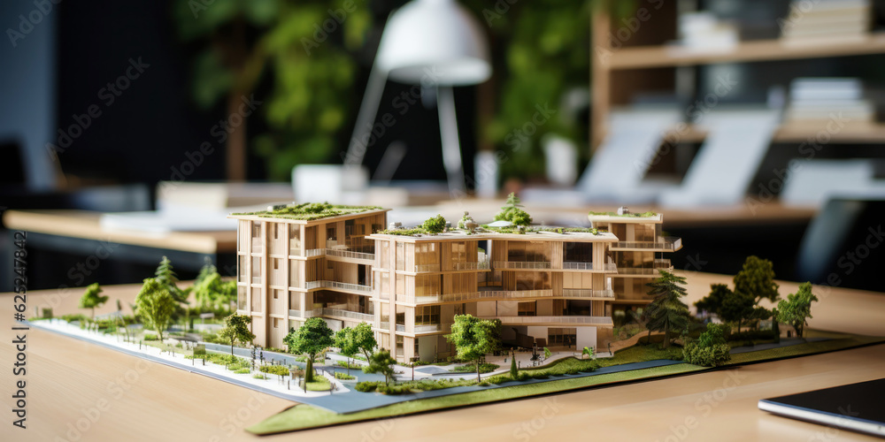 scale model of modern eco friendly apartment building complex in ...