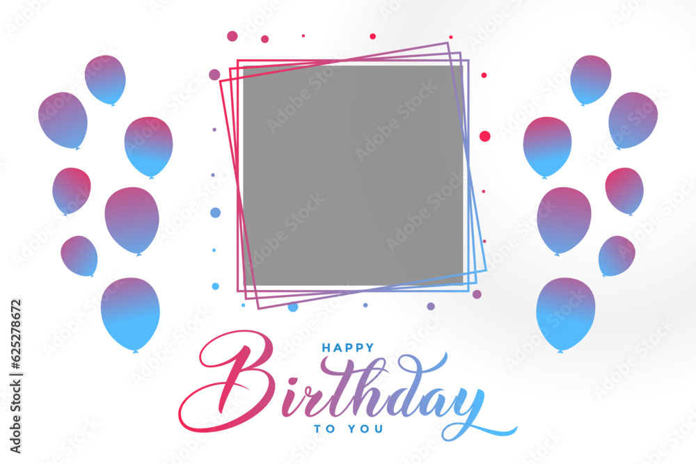 Beautiful happy birthday card with balloons and golden photo frame ...