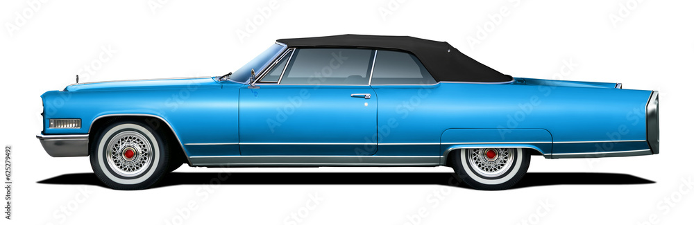 Large light blue vintage American convertible. Side view with black ...