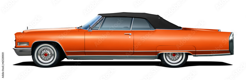 Large orange vintage American convertible. Side view with black soft ...