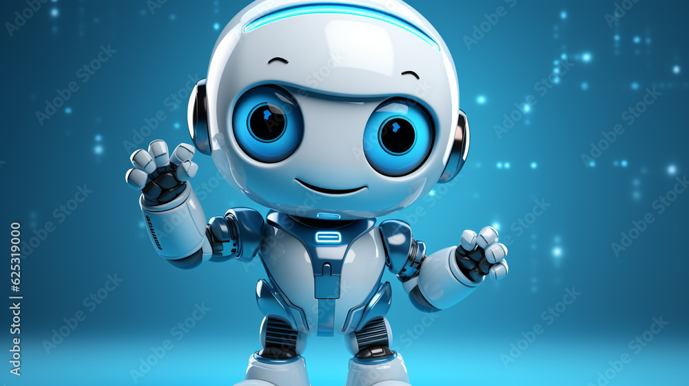 ,Cute robot with smiling face waving its hand. Chatbot greets. isolated ...