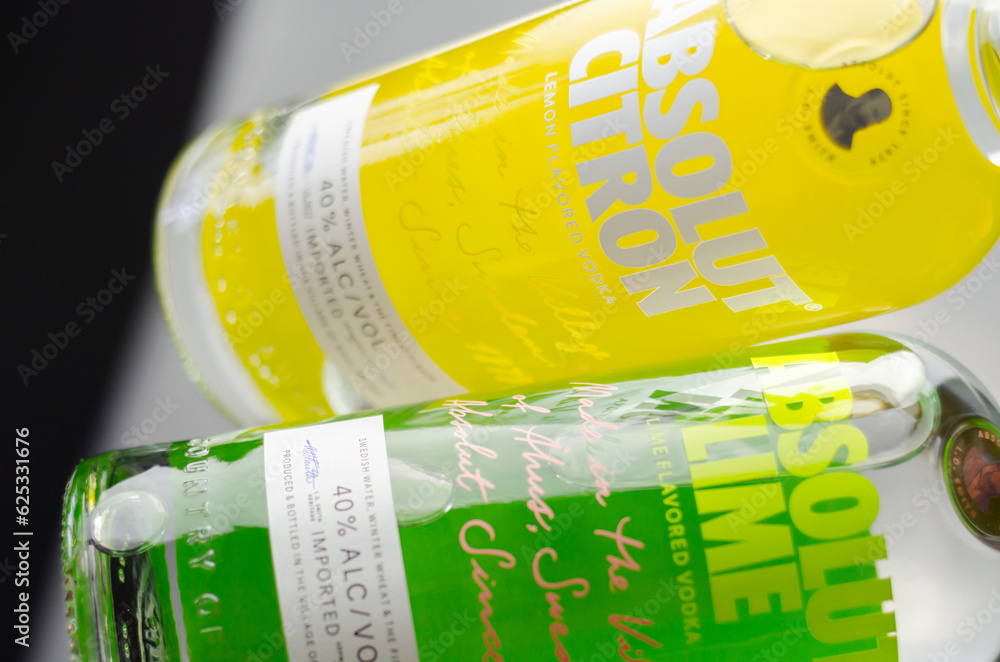 LONDON, UK - 11 JULY 2023 Absolut Vodka Lime and Absolut Vodka Citron ...