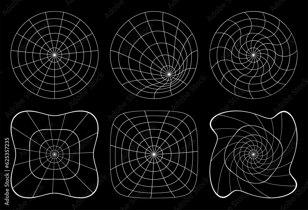 Y2K retro futuristic aesthetic set. Abstract 3D wireframe shapes, perspective grids. Surreal ...