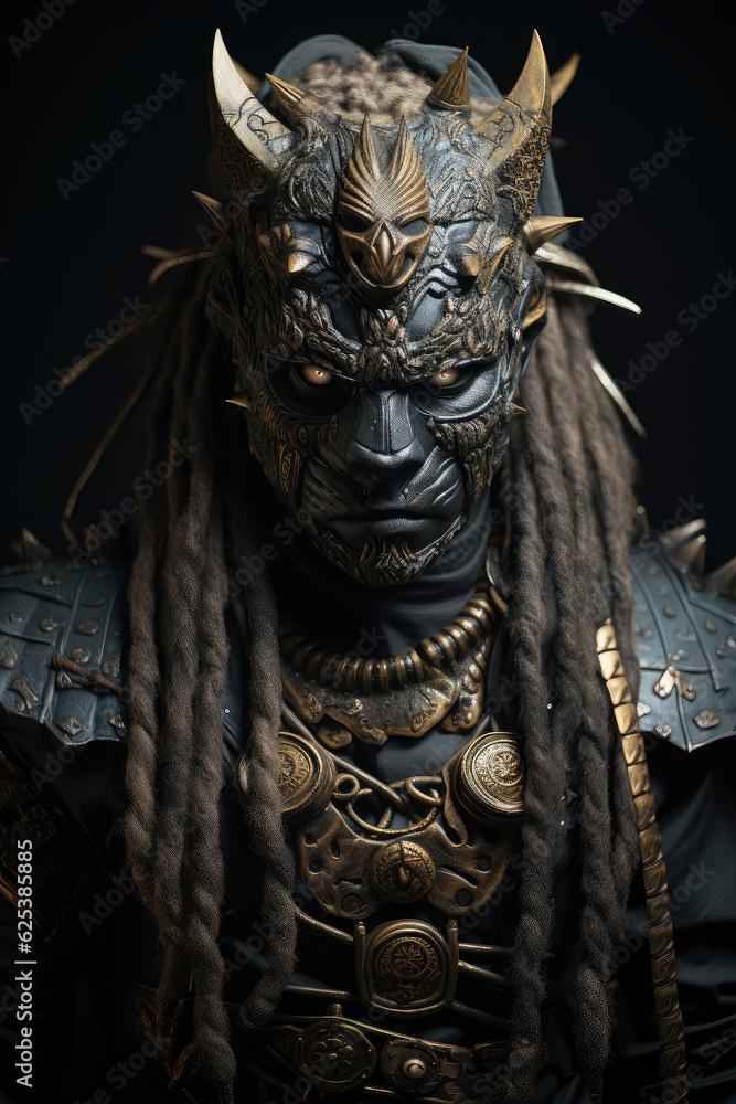 fierce african tribe warrior wearing hyena mask with samurai armor ...
