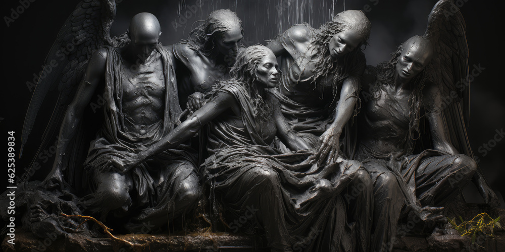 fallen angels melted to each other in statue, belphegor, satan, leviathan, asmodeus, mammon ...